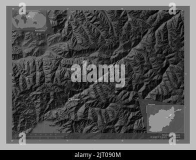 Panjshir, province of Afghanistan. Grayscale elevation map with lakes ...