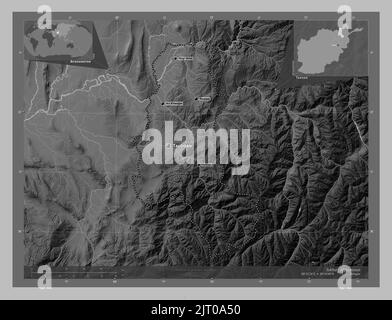 Takhar, province of Afghanistan. Grayscale elevation map with lakes and ...