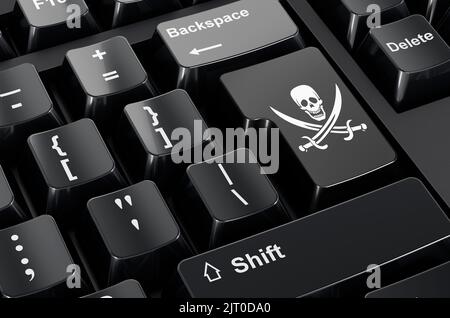 Pirate flag painted on computer keyboard. 3D rendering isolated on ...