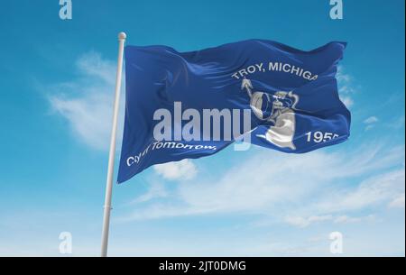 official flag of Troy, Michigan untied states of America at cloudy sky ...