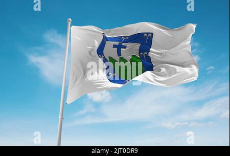 Trujillo Alto of Puerto Rico flag waving on the top sunrise mist fog ...