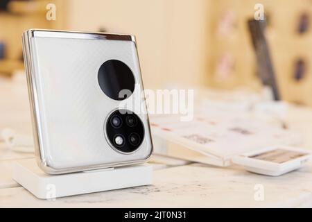 Huawei P50 foldable cell phone seen on display inside a Huawei store in ...