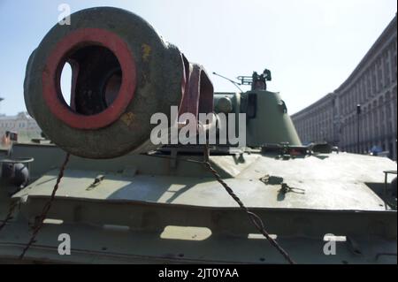 Russian howitzer barrel close-up. Black and white photo of a Russian ...