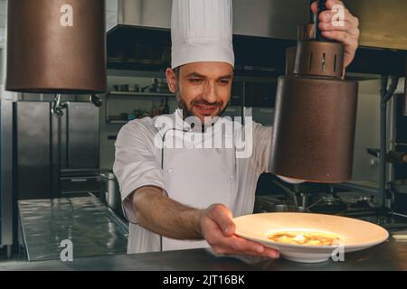 Professional chef checks dish just before serving it to customer in ...