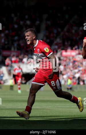 Riley McGree #8 of Middlesbrough celebrates his goal to make it 1-1 ...