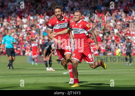 Riley McGree #8 of Middlesbrough celebrates his goal to make it 1-1 ...