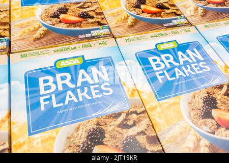 Shot of ASDA own-label bran flakes breakfast cereal carton. For British ...