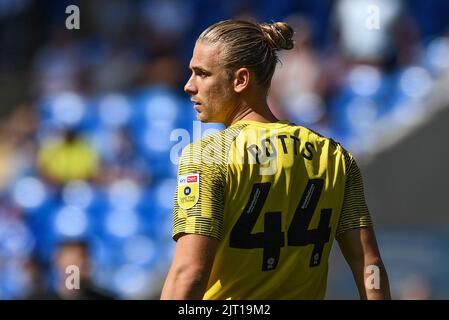 Brad Potts #44 of Preston North End shoots at goal, with tackle coming ...