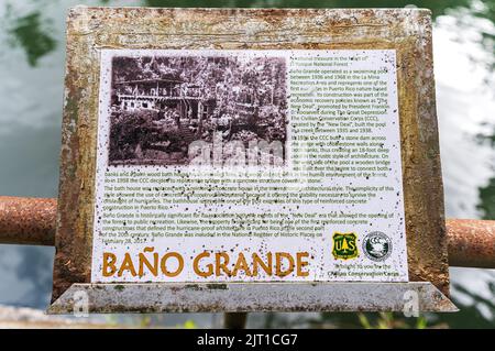 informational sign at Bano Grande swim area in El Yunque Forest Puerto ...