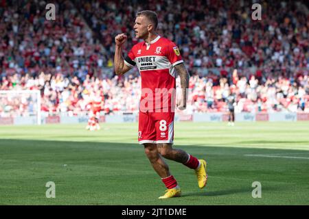 Riley McGree #8 of Middlesbrough celebrates his goal to make it 1-1 ...