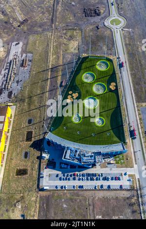 Aerial view, Topgolf course on the steel mill area at Brammenring in ...