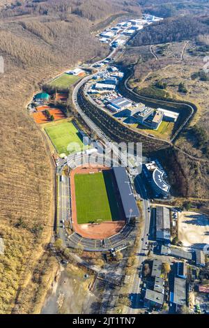 Aerial photograph, Leimbachstadion, Martinshardt industrial park and ...