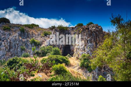 Mount Carmel, Israel. Cave of a prehistoric human in Nahal Me'arot ...