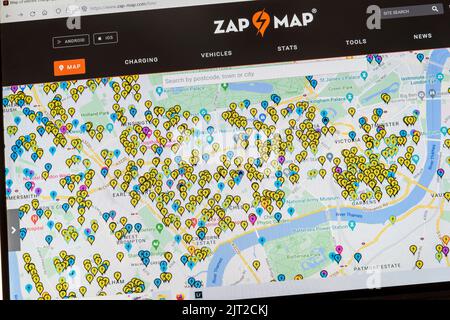 Zap Map website showing the location of EV charging points across part ...
