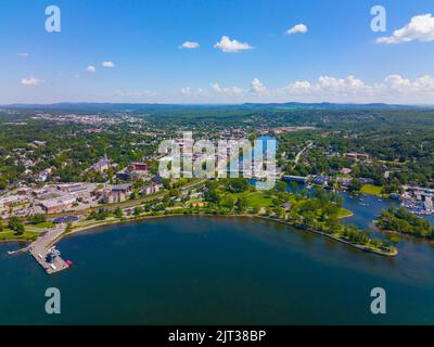 Magog city aerial view at the mouth of Magog River to Lake Memphremagog ...