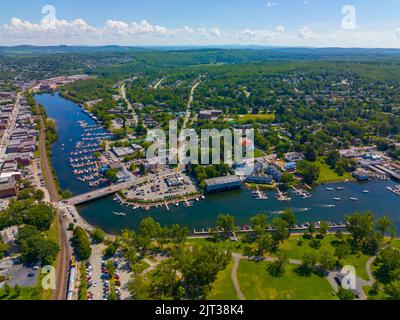 Magog city aerial view at the mouth of Magog River to Lake Memphremagog ...