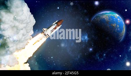 Launched rocket in flight, night starry sky background. Space mission ...