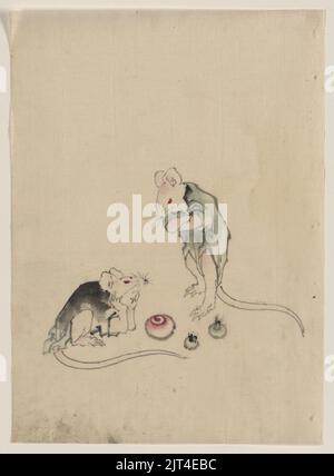 Two mice, one lying on the ground with head resting on forep Stock ...