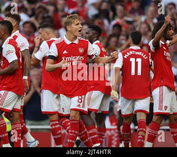 Martin Odegaard (A) Gabriel Magalhaes (A) at the Arsenal v Aston Villa ...