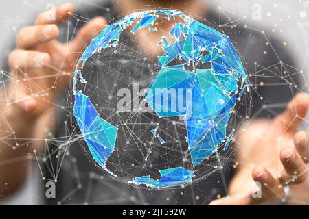 A 3D rendered world map hovering in mans hand Stock Photo - Alamy