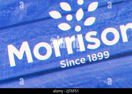 Macro close-up of colour halftone printed dots on Morrisons cardboar ...