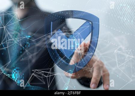 3D rendered abstract cybersecurity of digital network systems icon on a ...