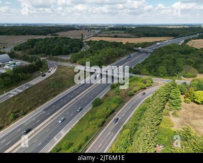 Hastingwood interchange junction on M11 Harlow Essex UK drone aerial ...