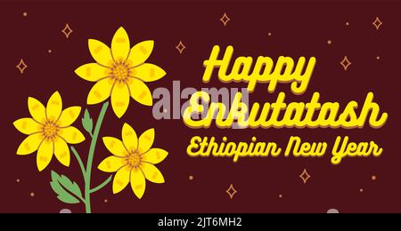 Poster happy new year, with plant of green leaves frame and pink rose ...