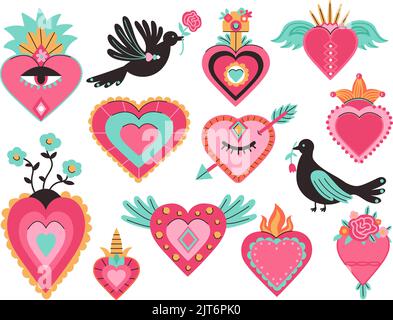 Mexican sacred hearts. Cartoon vector set of vibrant and intricate ...