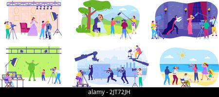 Film crew record movie with actress playing role at chroma key screen ...