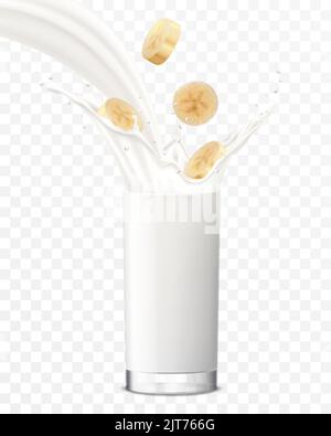 Realistic yogurt fruit splashes. Banana bunch. Fermented milk drops and ...