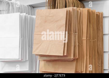 Set of Brown craft paper bags, Empty container. Ecological individual ...