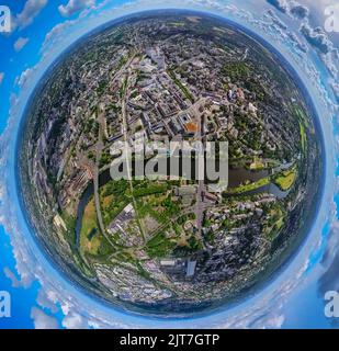 Aerial view, city with castle Broich at the river Ruhr, Ruhr lock and ...
