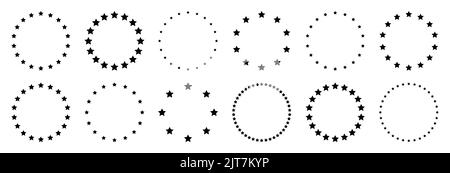 Stars of various sizes arranged in a circle. Round frame, border. Black ...