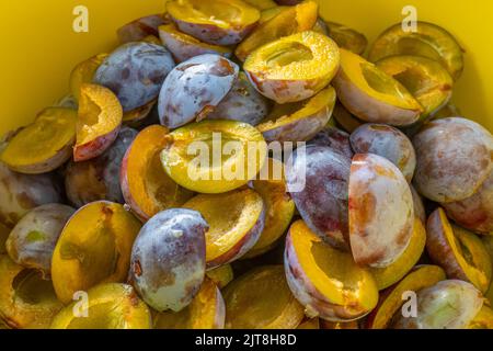 pulp of plums texture. Farm organic fruits.Plums harvest.Plum jam ...