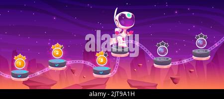 Cartoon cosmic game with platforms, astronaut and crystal bonus or assets. Space background with ...