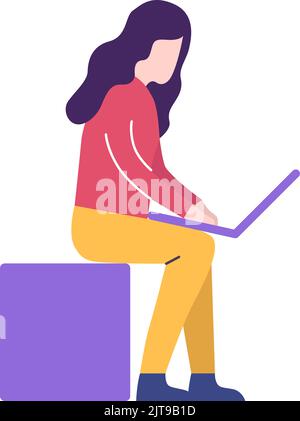 Woman working on startup using laptop vector icon. Remote job ...