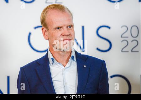 Stavanger 20220829.Yara CEO Svein Tore Holsether during the press ...