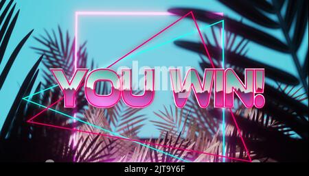 Image of leaves over pink neon square on blue background Stock Photo ...