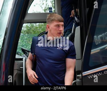 Matty Nicholson of Warrington Wolves arrives ahead of the Betfred Super ...