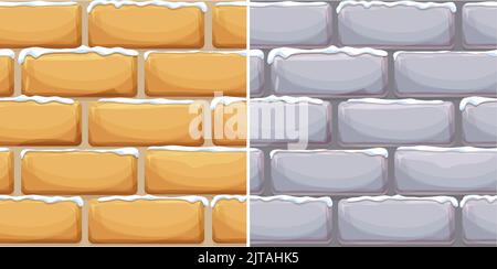Brick wall with snow, stone bricks, rock surface in cartoon style ...