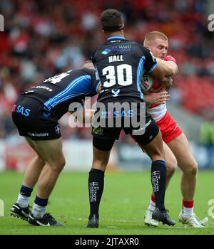 Wakefield Trinity's Corey Hall (right) is tackled during the Betfred ...