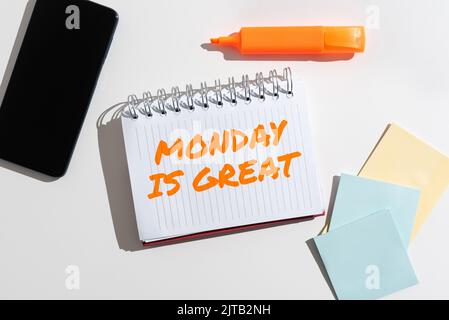 Text showing inspiration Monday Is Great. Conceptual photo Excellent ...
