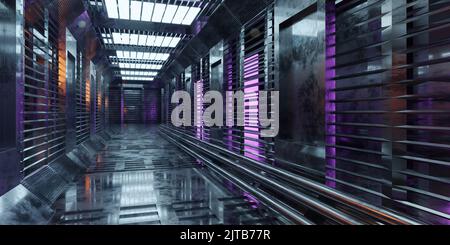 dark abstract tehcnology space station floor with red and blue light 3d ...