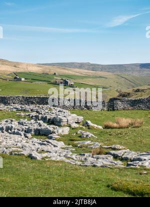 Views across limestone pavement towards Pen-Y-Ghent House Farm, Halton ...