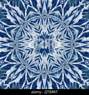 Indigo blue snow flake pattern background. Frosty batik painterly ...
