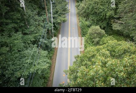 An aerial view of a roadway with spray painted markers ready for a road ...