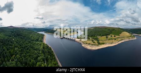 Aerial view of Ladybower Reservoir with scenic countryside and blue sky ...
