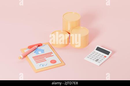 A house and contract with pink background, 3d rendering. Computer ...