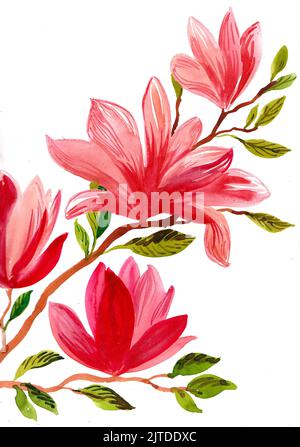 Pink blossoming flower. Ink and watercolor drawing Stock Photo - Alamy